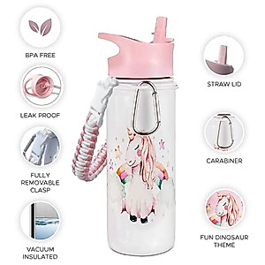 Unicorn Water Bottle, 18 OZ, Leak Proof, 36 Hours Cold, Dishwasher safe, Removable Handle, Wide Mouth Double Wall Vacuum Insulated Stainless Steel Water Bottle For School, Straw, Bottle For Girls