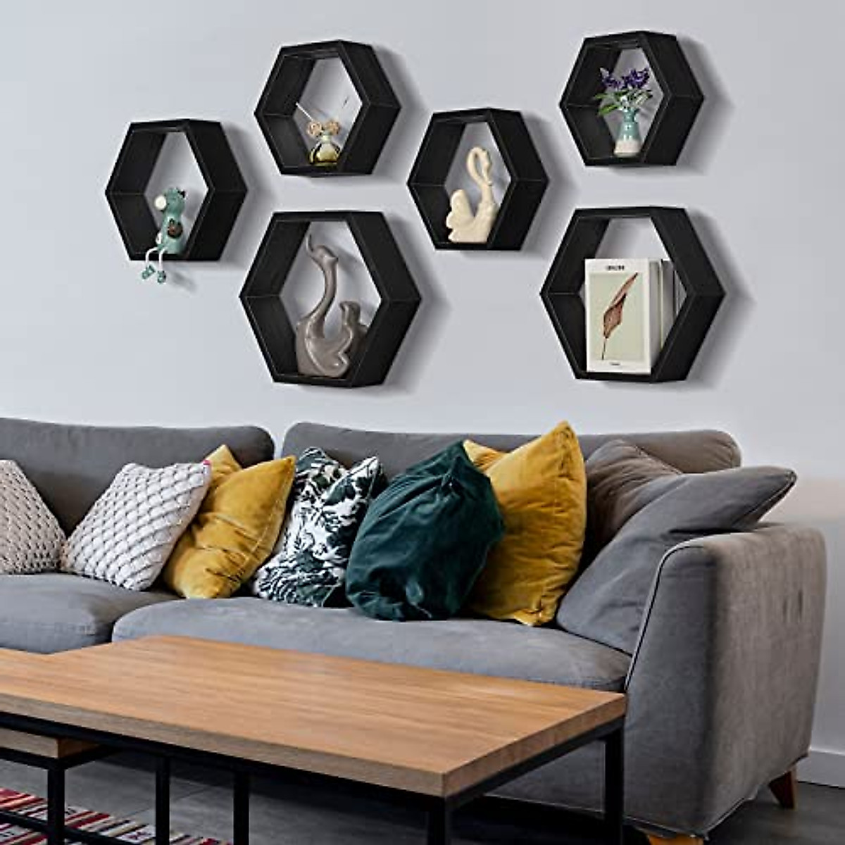 Black Hexagon Shelves Floating Honeycomb Shelves Set of 3 Wall Storage Shelf Bedroom Floating Shleves for Wall Decor Hexagonal Wood Shelves Wall Mount Display Geometric Hanging Rack for Living Room