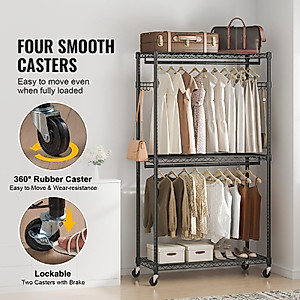 VEVOR Heavy Duty Clothes Rack, Rolling Clothing Garment Rack with 3 Storage Tiers, 2 Rods and 2 Pairs Side Hooks, Adjustable Height Clothing Rack Closet for Hanging Clothes, 400 Lbs Load Capacity