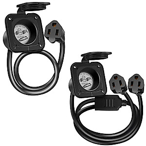 Bundle Set| WELLUCK 15 Amp 125V AC Power Inlet Port Plug with Integrated Dual 18" Extension Cord, NEMA 5-15 RV Flanged Inlet with Waterproof & Back Cover Y Splitter Cable, 2 Pole 3-Wire Shore Power Pl