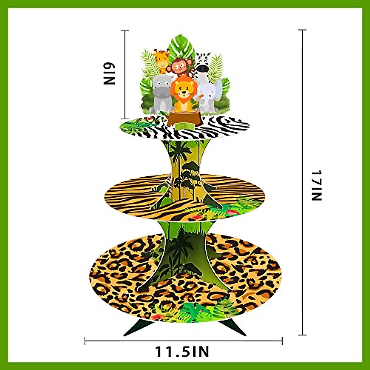3 Tier Jungle Safari Cupcake Stand, Wild Animal Dessert Holder for Forest Jungle Safari Birthday Baby Shower Sage Green Party Decorations Supplies for 24 Cupcakes