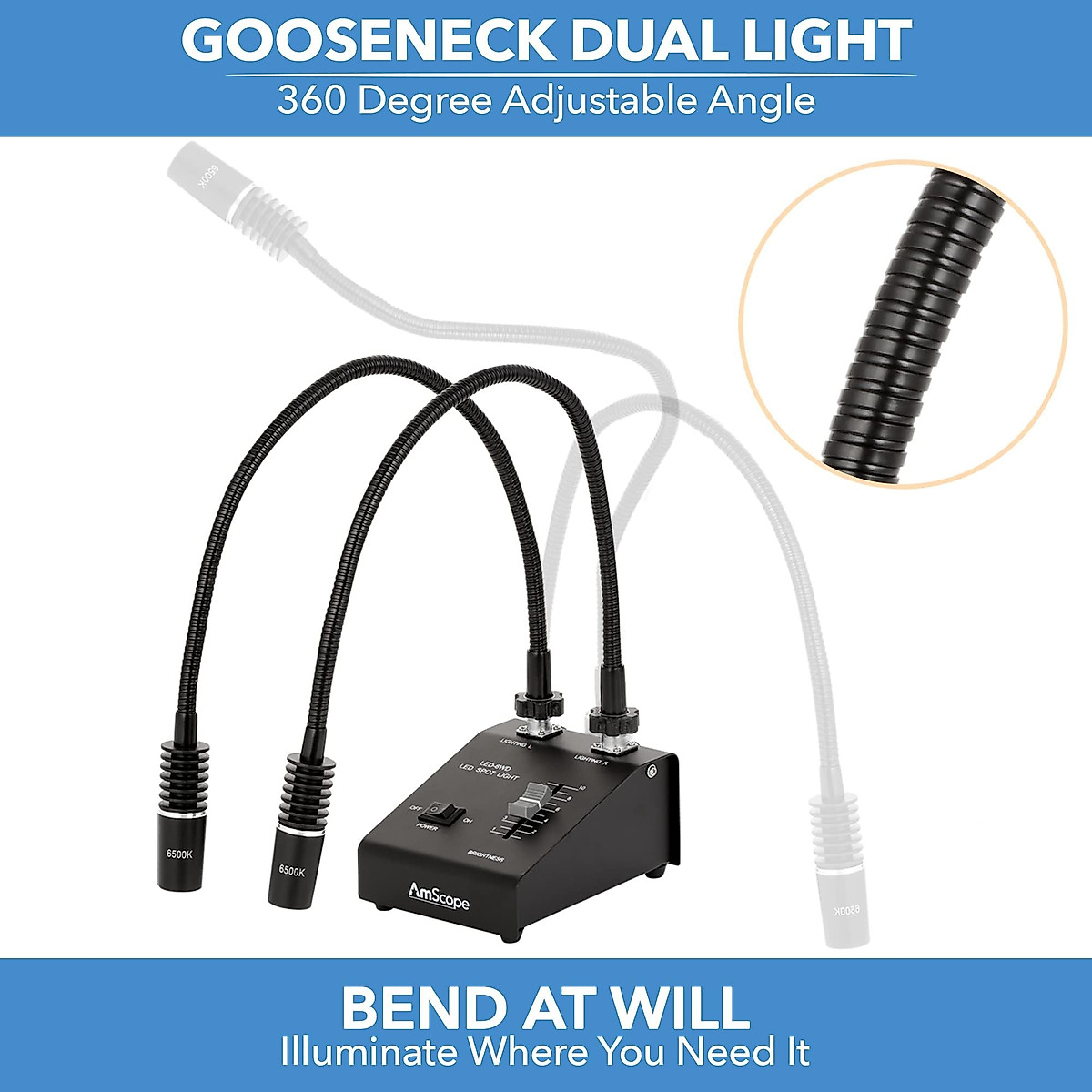 AmScope LED-6W Powerful 6 Watt LED Dual Gooseneck Lights Illuminator, Black, 1 Count (Pack of 1)