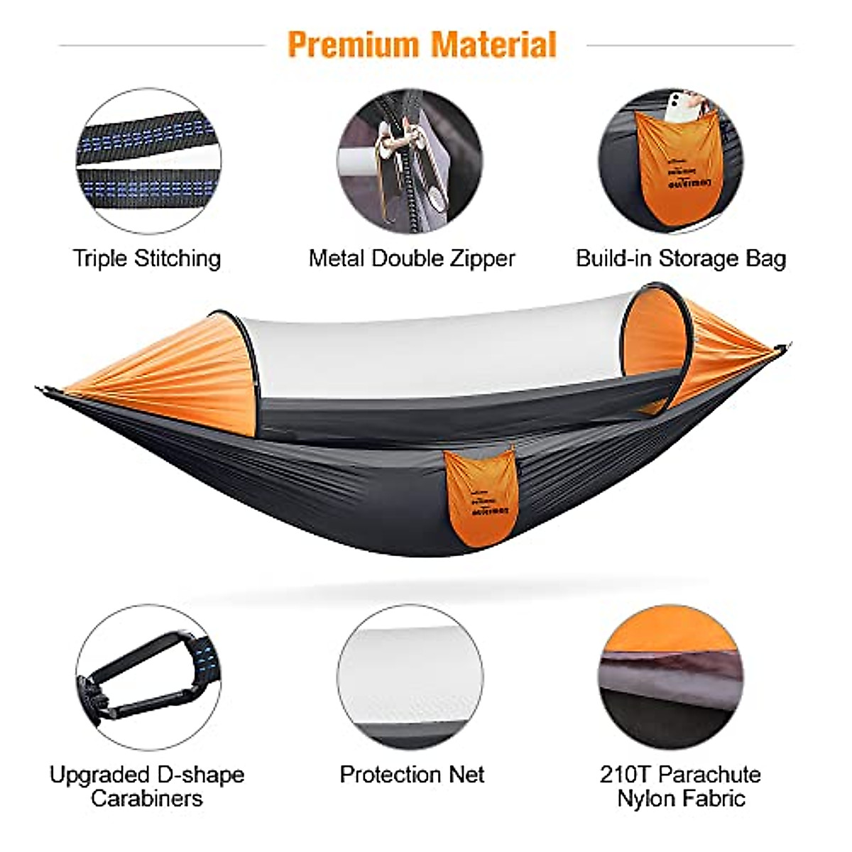 Outerman Camping Hammock with Mosquito Net, Portable Single Hammock with Tree Straps, Easy Setup, Lightweight Nylon Parachute Hammocks for Indoor, Outdoor, Backpacking, Travel, Patio, Hiking (Gray)