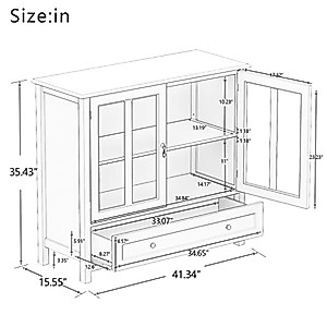 SEASD Storage Cabinet Buffet with 2 Clear Doors and Drawers for Kitchen, Hallway, Living Room, White Dining Room Cabinets.