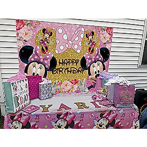 Pink Backdrop and Tablecloth for Girls Birthday Party Decorations Cartoon Birthday Party Photography Background Banner with Table Cover for Girls Party Supplies 5x3FT