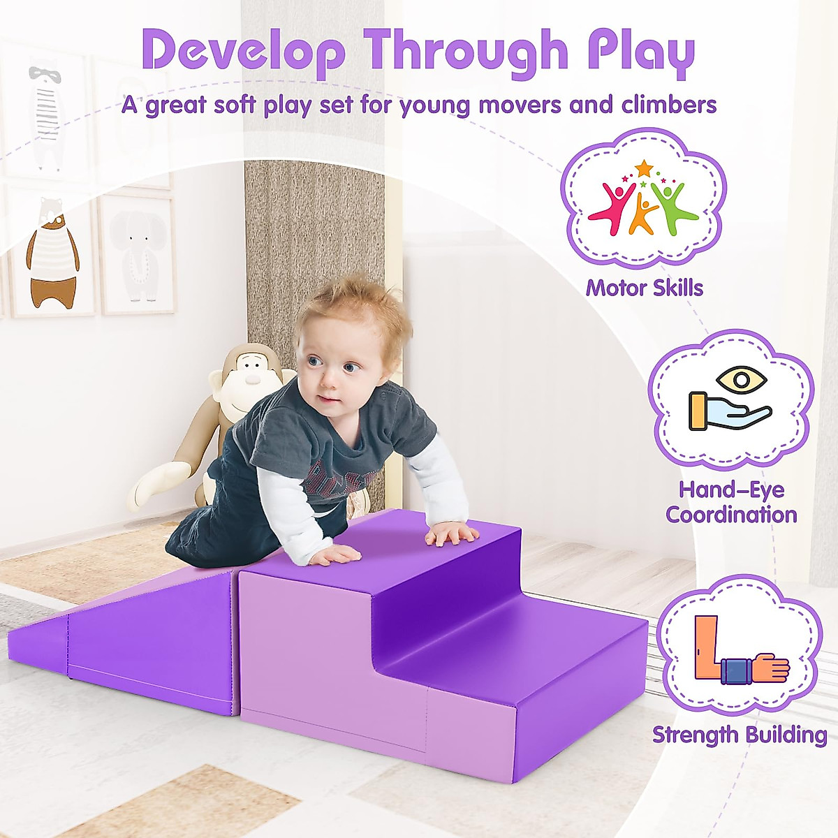 Costzon Climb and Crawl Foam Play Set, Soft Foam Toddler Stairs and Ramp Climber Gym Toy, 2-Piece Educational Play Set for Babies & Toddlers - Great for Climbing, Sliding (Pink)