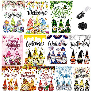 Gnome Seasonal Garden Flags, Small Welcome Gnome Garden Decor Yard Flag Set of 12 Double Sided Printed, Spring Easter Flags Decor for Outdoor Decorations,Holiday Garden Flags for All Seasons 12x18
