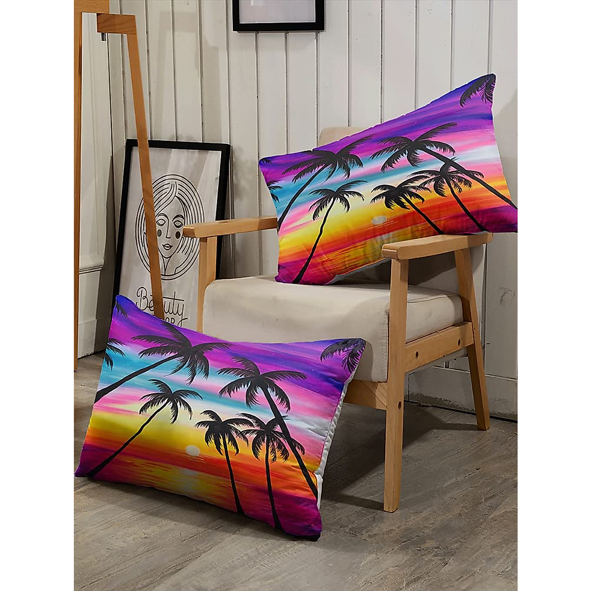 Tropical Sunset Palm Tree Comforter Set for Kids and Adults, Queen Size Sea Ocean Sunset Quilt Bedspreads with 2 Silhouette Sunset Pillowcases - 90" x 90" (Queen, Yellow)