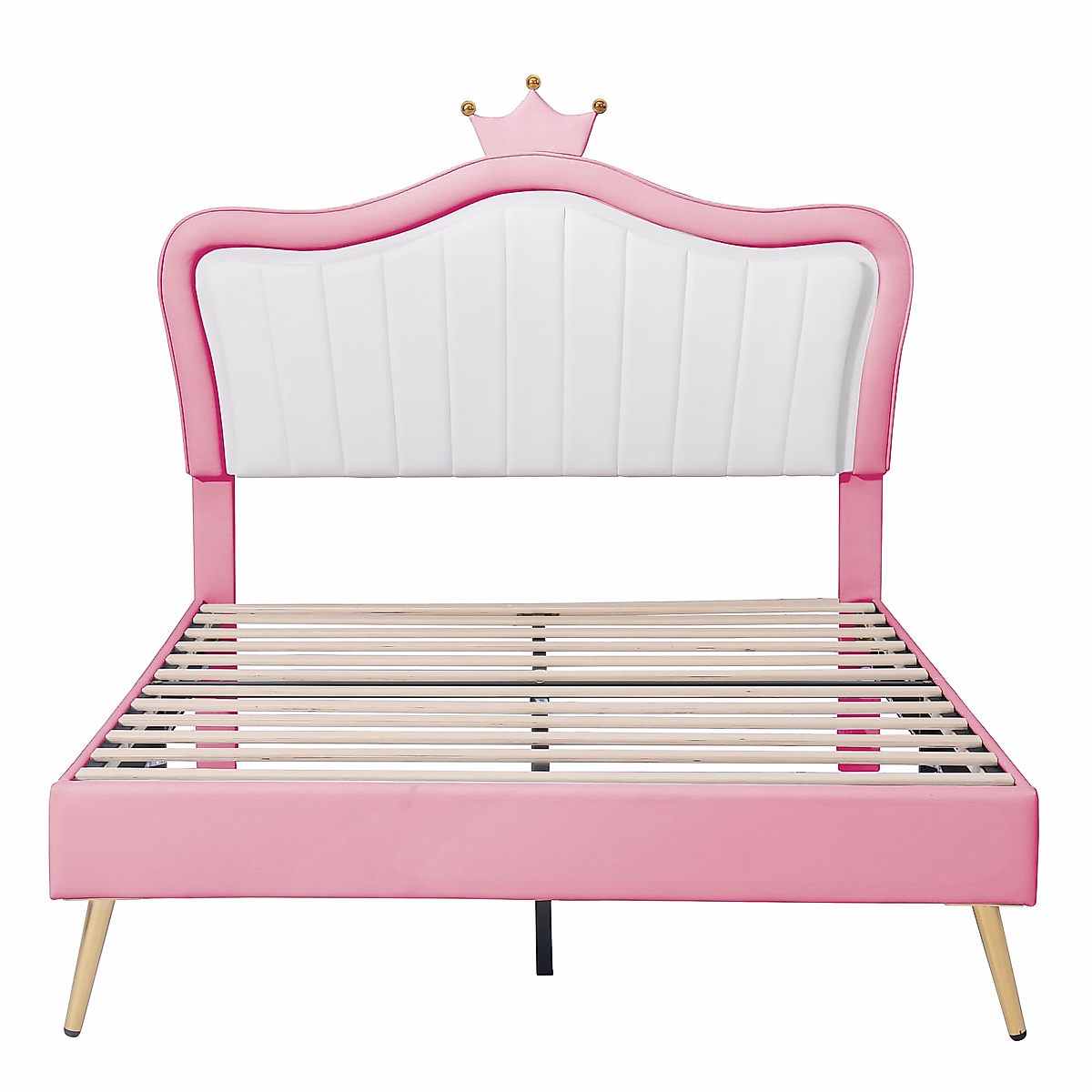Full Size Modern Upholstered Princess Bed with Crown Headboard and LED Lights, PU Leather Wood Platform Bed Frame with Slat Support and Metal Feets, No Box Spring Needed (Full, White+Pink-01)
