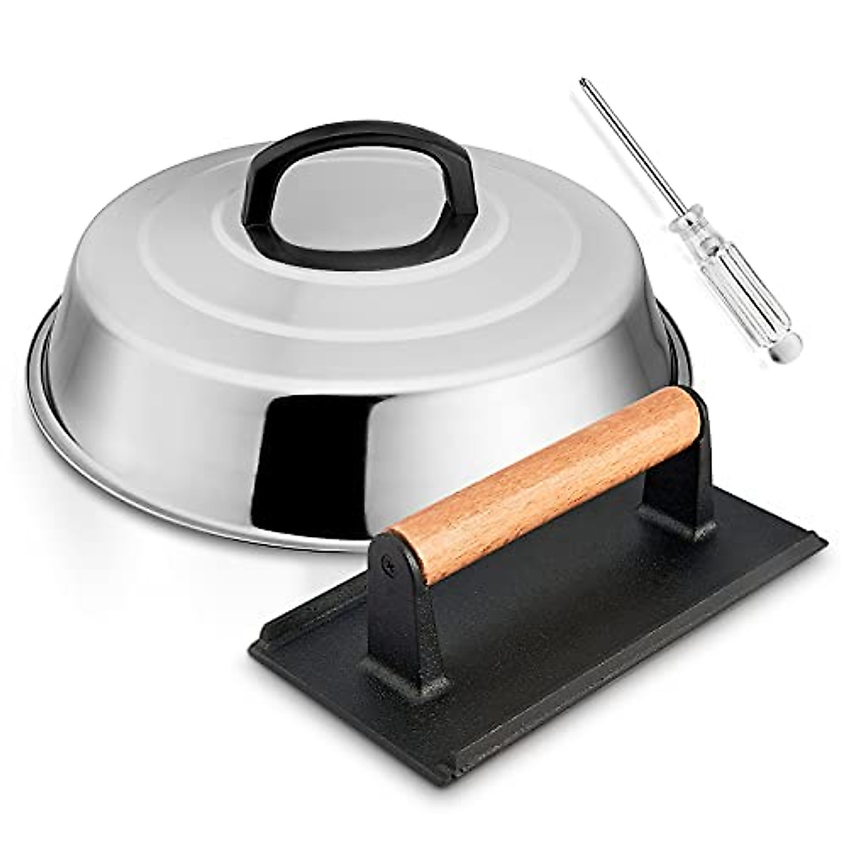 12In Cheese Melting Dome & 8x4In Cast Iron Grill Press, HaSteeL Stainless Steel Basting Cover with Heavy Duty Burger Bacon Press, Griddle Accessories for Teppanyaki Flat Top Stovetop Indoor & Outdoor
