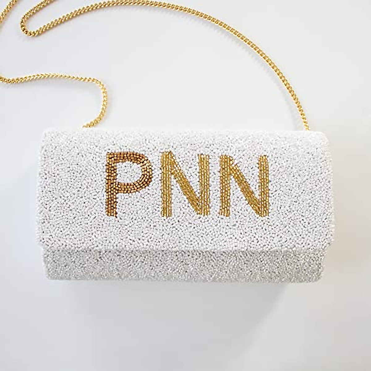 Personalized Custom Clutch Purse for Women, Beaded Clutch Crossbody Bag with Gold Chain Strap for Wedding, Prom, Bridal Shower, Bachelorette Party, Engagement, & Honeymoon (Gold)