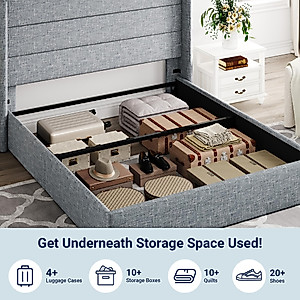 Allewie Full Size Lift Up Storage Bed, Modern Wingback Headboard, Hydraulic Support, No Box Spring Needed, Grey Blue