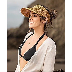 Visors for Women, Straw Sun Visors for Women Beach Hats for Women Packable Sun Hat Womens Visor Handmade Straw Hats for Women Khaki