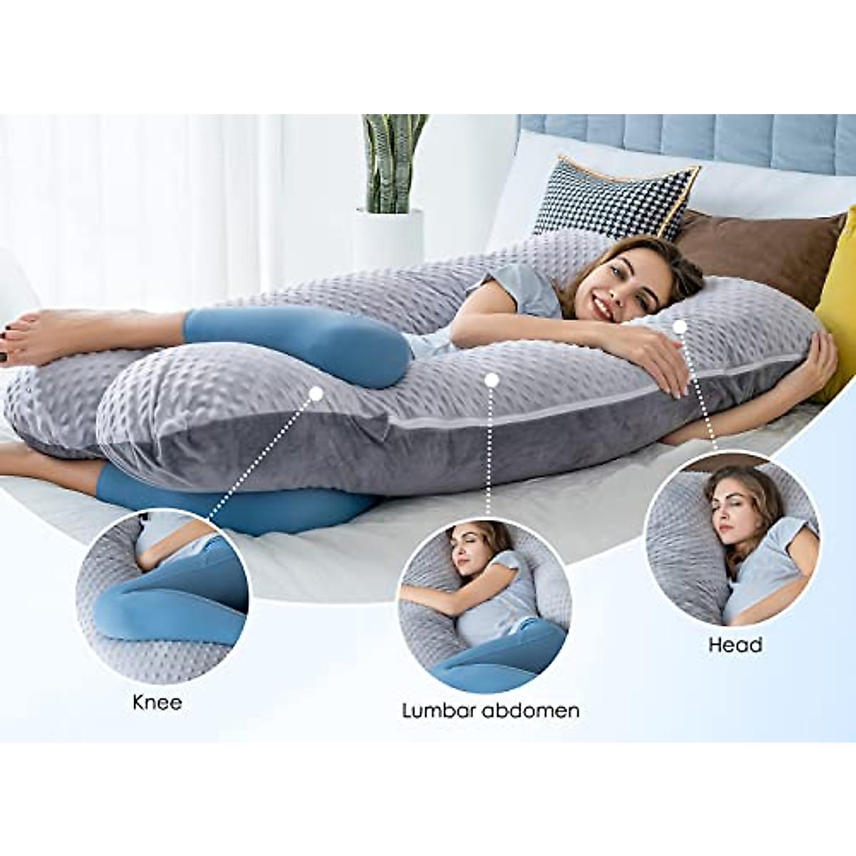 QUEEN ROSE Pregnancy Pillow, Maternity Pillow for Pregnant Women, 55 Inch U Shaped Full Body Pillow for Sleeping Support, Reversible Minky Dot Velvet Cover, Grey
