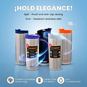 costablue Travel Coffee Mug 16 Oz. Stainless Steel, Leak Proof Dishwasher Safe Lid, Double Wall Coffee Cup, Reusable Insulated Tumbler for Hot & Cold Beverages Eco friendly