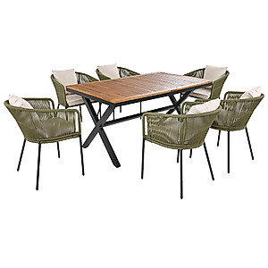 7 Pieces Patio Dining Set, All-Weather Outdoor Furniture Set with Dining Table and Chairs, Acacia Wood Tabletop, Metal Frame, for Garden,Backyard,Balcony,Modern Patio Furniture Set (Green)