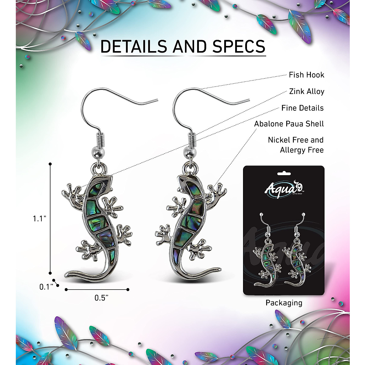 Aqua79 Gecko Earrings Jewelry - Authentic Dangle Hook Earrings Made with Natural Paua Abalone Shell - Unique Colorful Jewel For Women & Teens For Daily, Casual & Formal Occasions