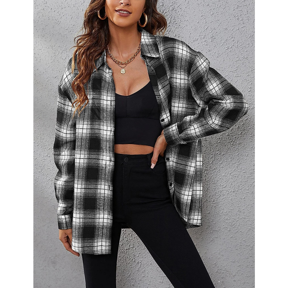 Ailoqing Plaid Shirts for Women Long Sleeve Button Down Flannel Shirts Buffalo Blouse Tops(Blackwhite-M)