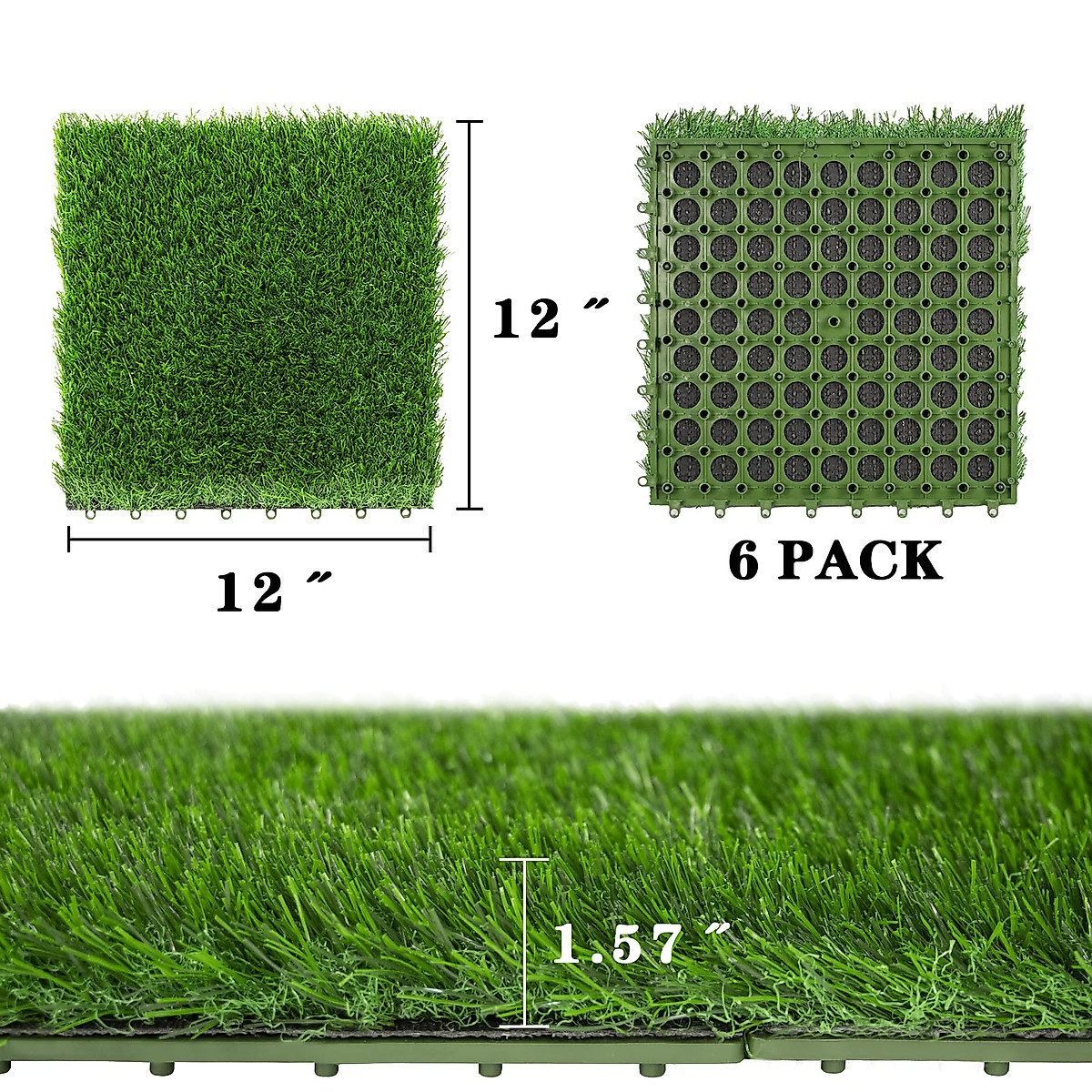 CJNLON 12"x12" Artificial Grass Tiles, 6 Packs Self-draining Fake Grass Turf Tiles Set for Flooring Decor, Dog Pads Indoor Outdoor 1.57'' in Pile Height
