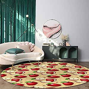 LAMANDA Round Area Rugs Red Apples Green Leaf Indoor Floor Carpet Non Slip Throw Rug for Living Room Bedroom Kids Nursery Farm Fruit Harvest 48in