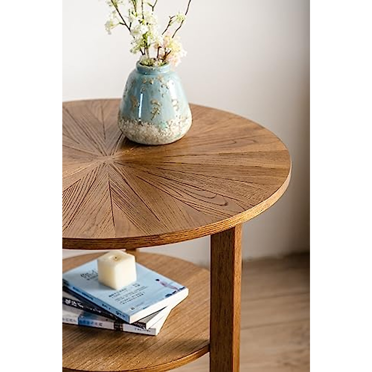 DS-HOMEPORT Round Wood Coffee Table for Living Room, 2 Tier Sturdy Circle Round Coffee Table with Large Storage, Rustic Farmhouse Round Coffee Table, 35.3''Dx17.8''H