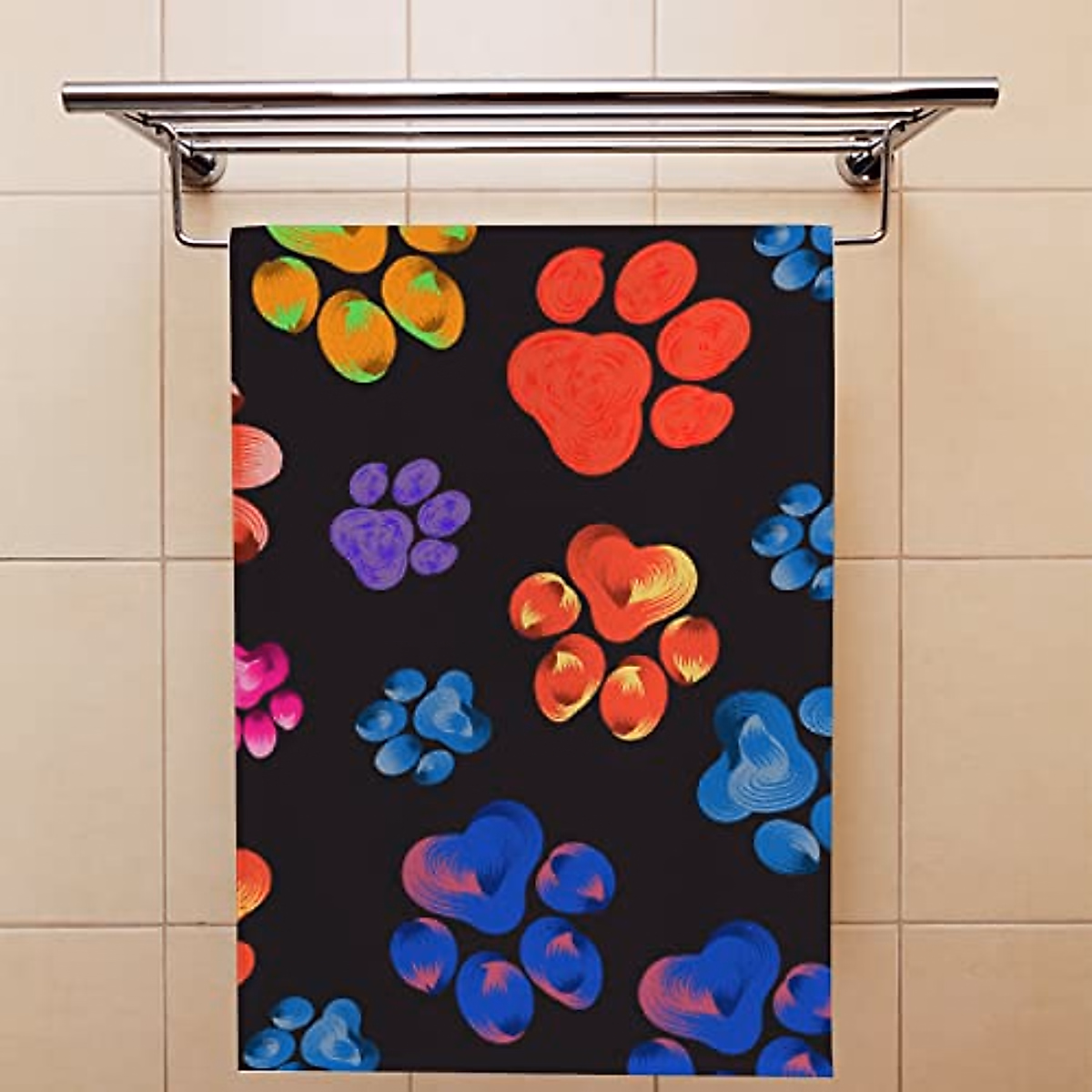 Hand Bath Towels 2 Pack Rainbow Animal Paws Print Absorbent Face Fingertip Towels for Bathroom Kitchen Gym Spa Soft Hair Drying Cloth Quick Dry, 30 x 15 Inch