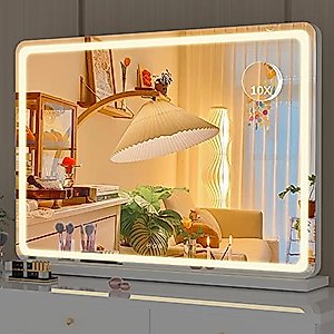 Hasipu Vanity Mirror with Lights, 32" x 22" LED Makeup Mirror, Lighted Makeup Mirror with Dimmable 3 Modes, Touch Screen Control Vanity Mirror Round White