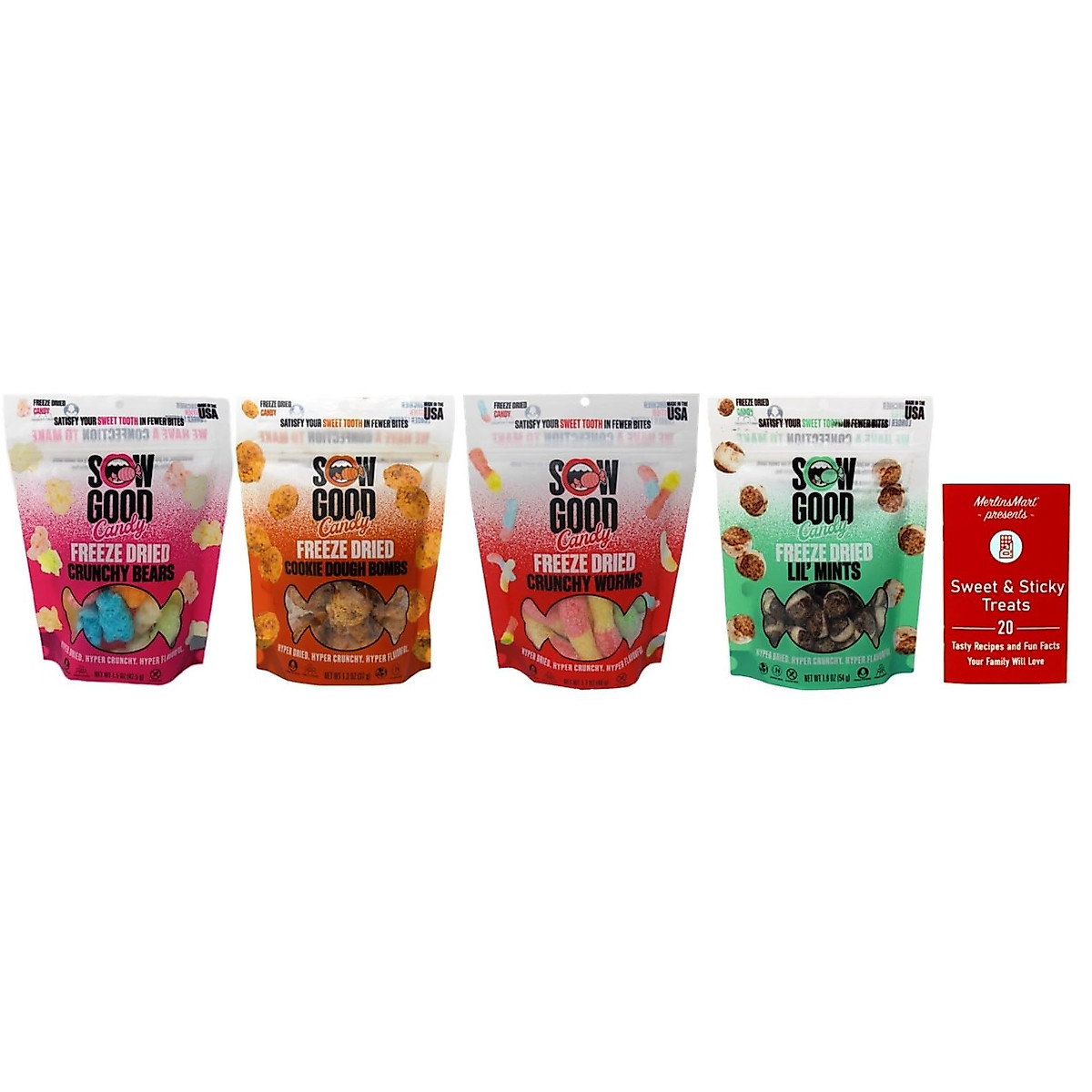 Sow Good Freeze Dried Candy 4 Flavor Variety - (1) Each: Crunchy Worms, Crunchy Bears, Cookie Dough Bombs, Lil' Mints (1.3-1.9 Ounces) Plus Recipe Booklet Bundle