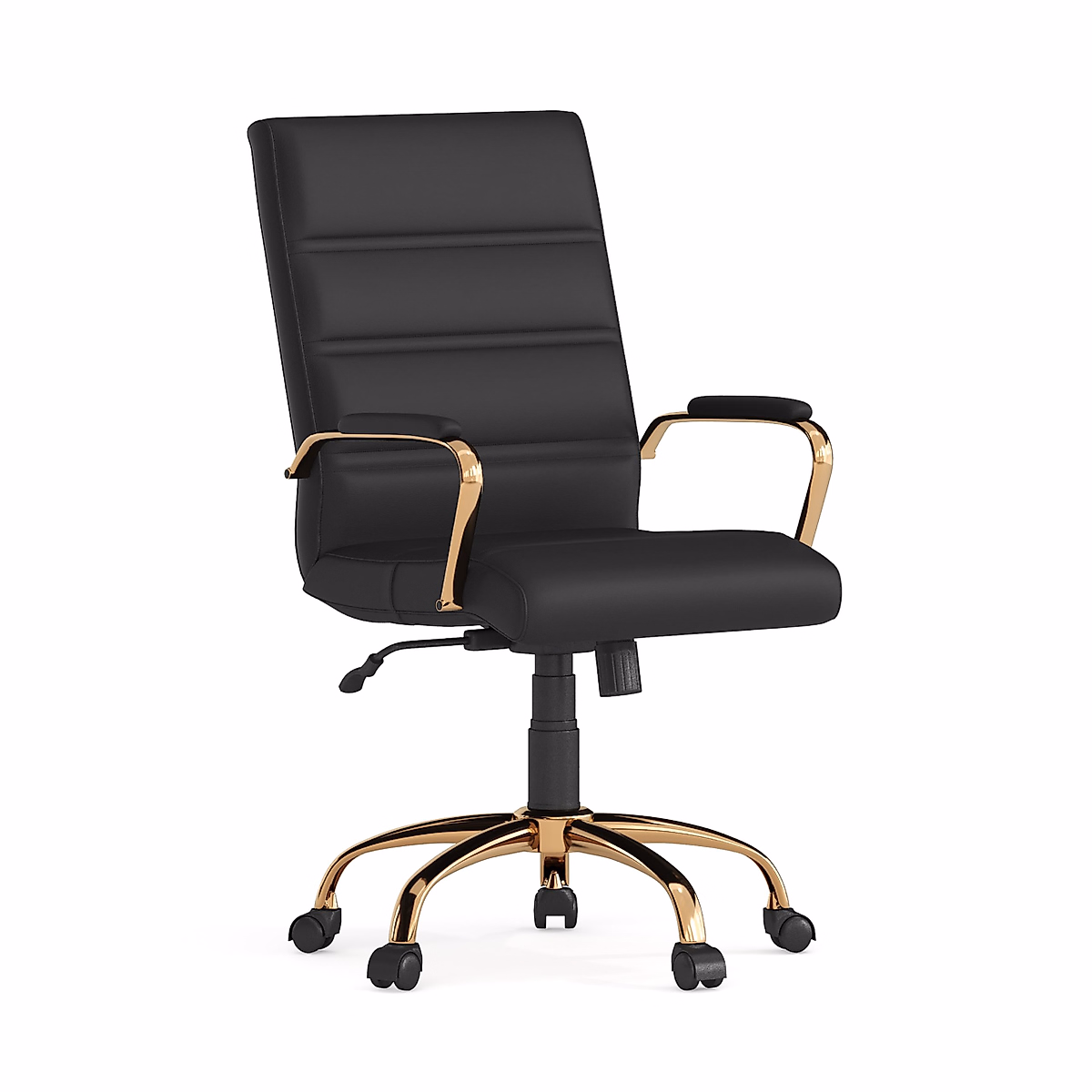 EMMA + OLIVER Mid-Back Black LeatherSoft Executive Swivel Office Chair with Gold Frame/Arms