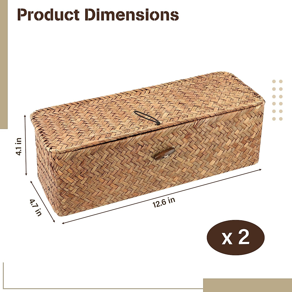 Lnrueg 2 PCS Woven Basket with Lid Seagrass Tank Toilet Roll Storage Narrow Thin Basket with 3 Sections Rectangular for Organizing 12.6L x 4.7W x 4.1H Inch