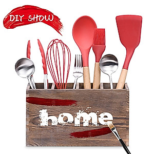 WuGeShop Rustic Utensil Caddy, 4 Adjustable Compartments Wooden Silverware Caddy, Upgraded Version kitchen Utensil Holders for Countertop