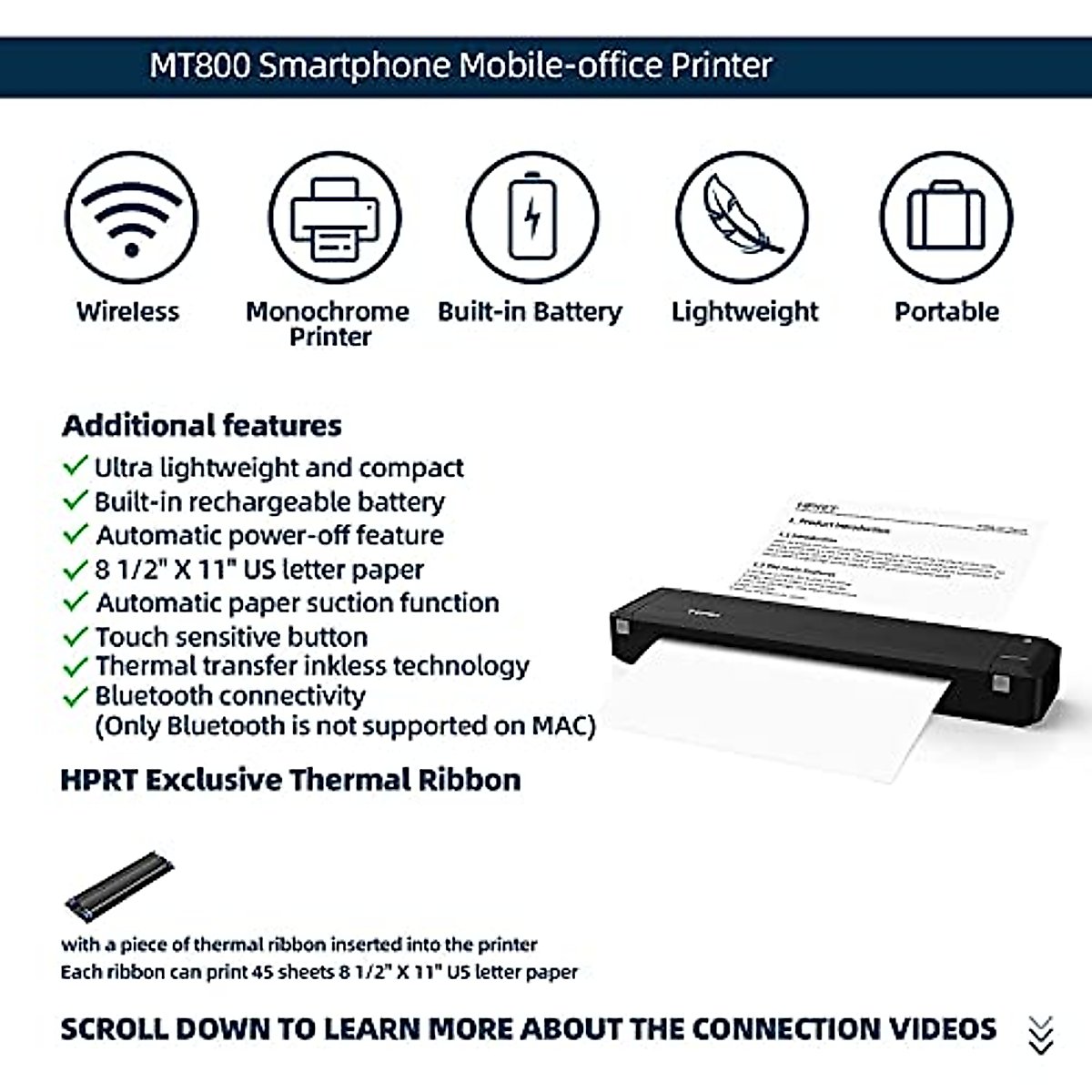 HPRT MT800 Thermal Transfer Portable Printer Support 8.5" X 11" US Letter & A4 Paper Bluetooth Wireless Travel Printer Compatible with Android and iOS,Suitable for On The Go