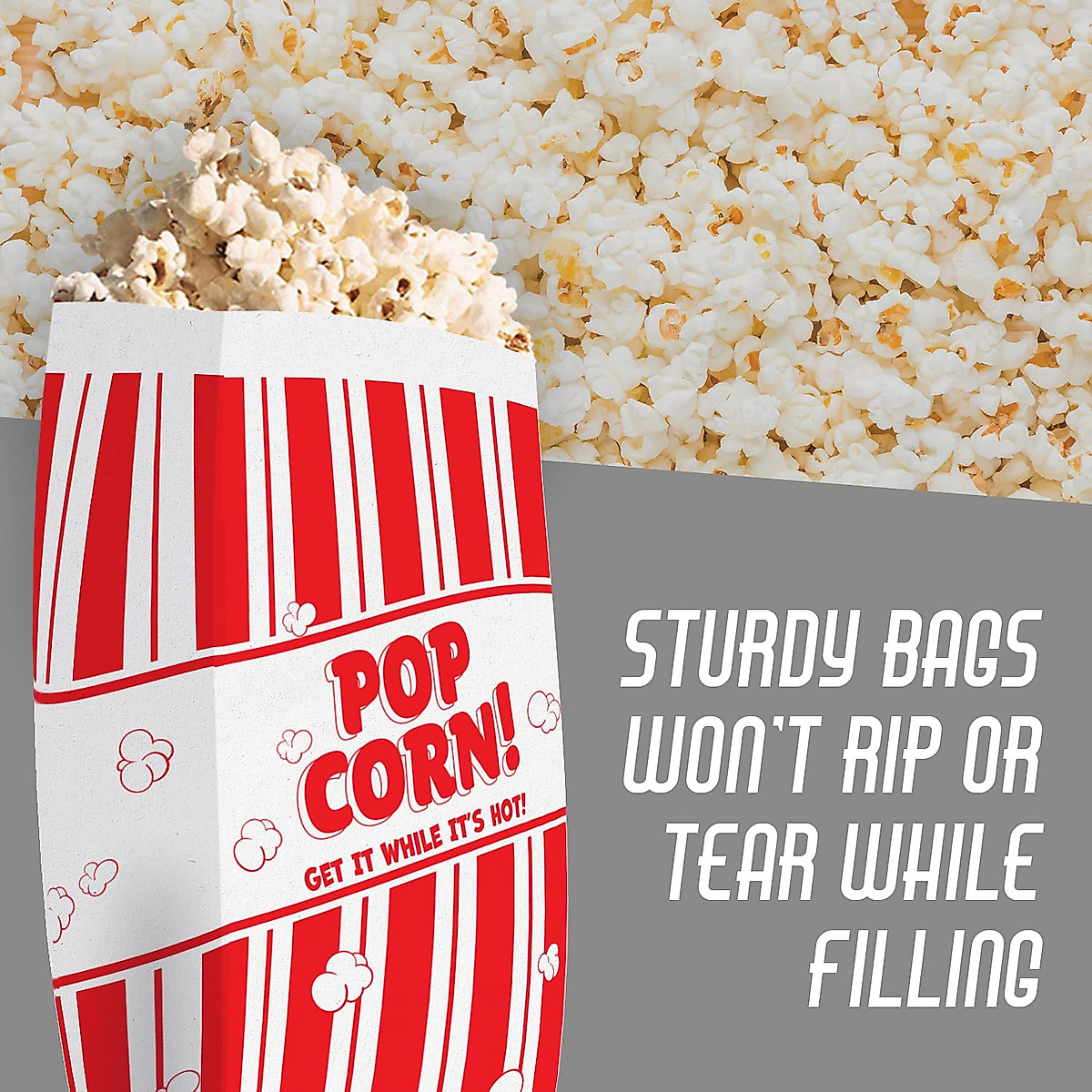 Retro, Grease Resistant Popcorn Bags 25 Pack. Single Serving 1oz Paper Sleeves in Nostalgic Red/White Design Movie Theme Party and Old Fashioned Carnivals & Fundraisers Old School Supplies