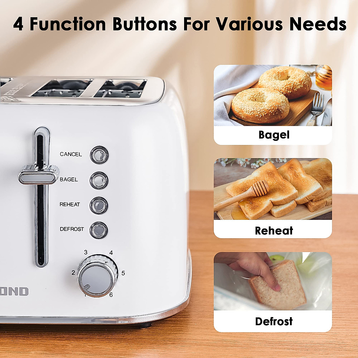 REDMOND Toaster 4 Slice, Retro Stainless Steel Toaster with Extra Wide Slots Bagel, Defrost, Reheat Function, Dual Independent Control Panel, Removable Crumb Tray, 6 Shade Settings and High Lift Lever, White, New Version