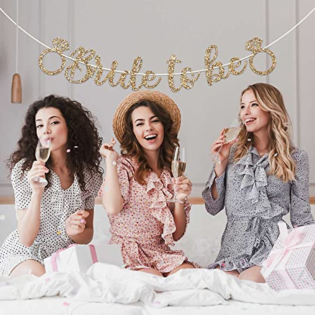 Pre-Strung Bride To Be Banner - NO DIY - Gold Glitter Bachelorette Bridal Party Banner in Script - Pre-Strung Garland on 8 ft Strand - Gold Bachelorette Bridal Party Decorations & Decor. Did we mention no DIY?