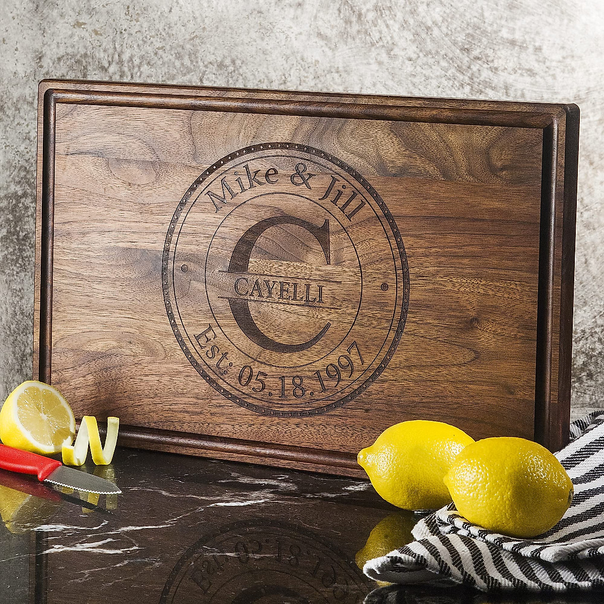 Personalized Monogram Cutting Board with First Last Names, Date - Custom Cutting Boards for Couples Wedding, Anniversary, Housewarming Gift - Engraved and USA Made Customizable Kitchen Decor Gifts