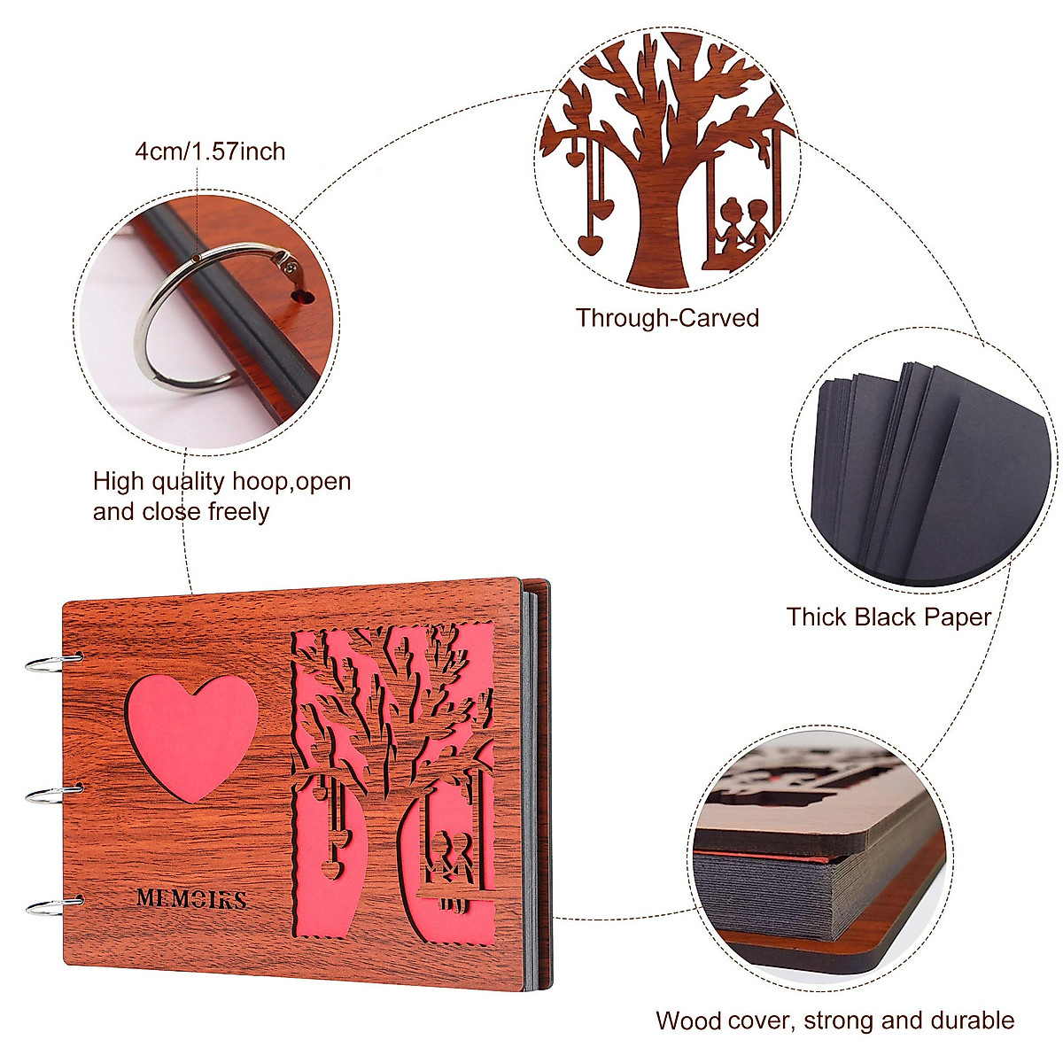 ZEEYUAN DIY Cartoon Scrapbook Album, 60 Pages, Wooden Cover, Love Memory Photo Book, Valentine's Day Gift