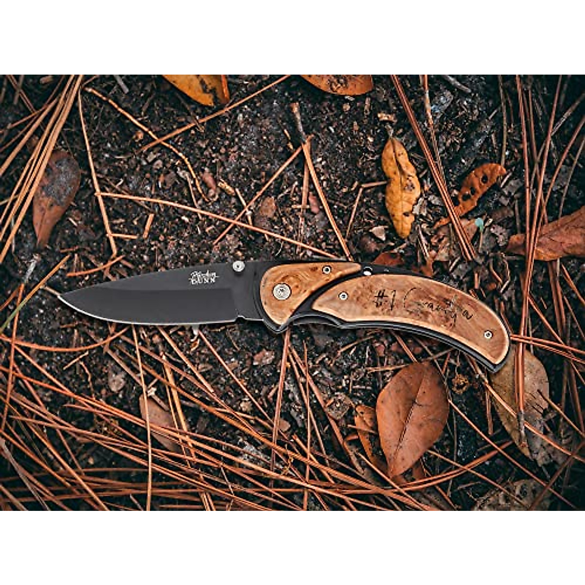 P. Graham Dunn Number One Grandpa Brushed Black 5 x 2 Stainless Steel and Wood Pocket Knife