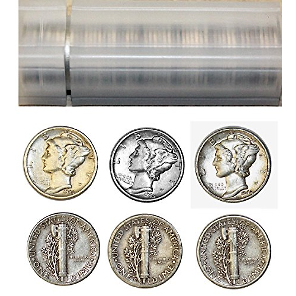 1916-1945 Mercury Dime Roll 50 Coin Various Marks Circulated Condition