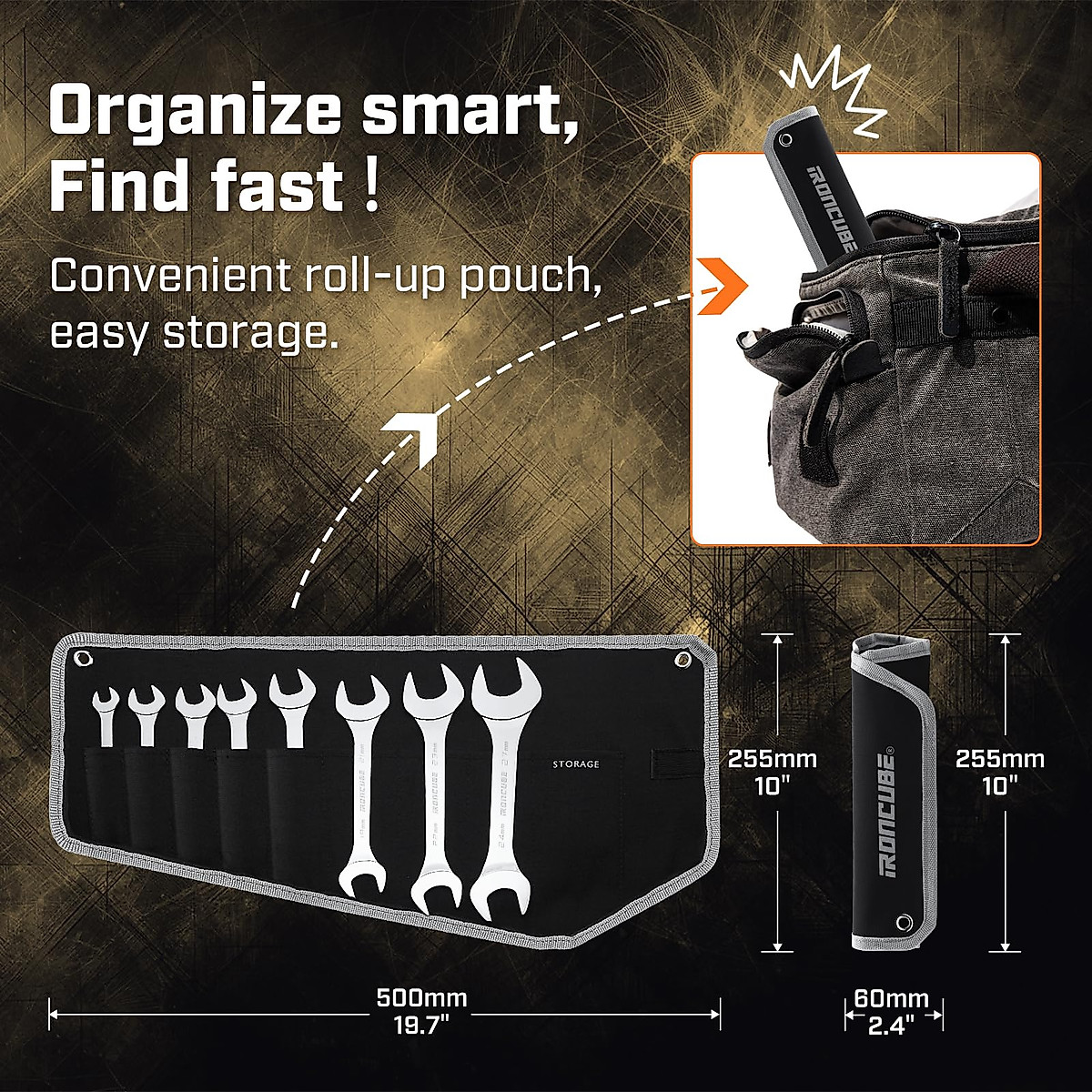 ironcube Super Thin Wrench Set,8-Piece, Metric, Including 8 to 27 mm, Open end Slim Wrench Set With Rolling Pouch, Perfect For Auto, Bike in Narrow Space Use
