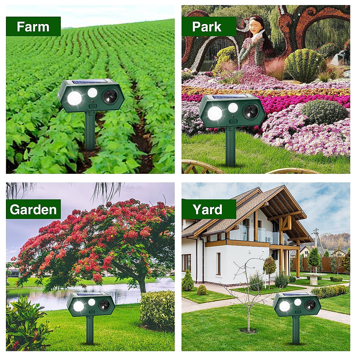 4 Pack Solar Ultrasonic Animal Repellent Outdoor Waterproof Cat Deterrent Animal Repellent with Flash Light Motion Sensor to Keep Cat Deer Raccoon Rabbit Skunk Coyote Dog Bunny Out of Yard Lawn