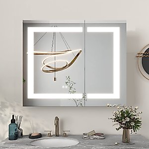 MIRPLUS 36x30 inch Medicine Cabinet with LED Vanity Mirror, Anti-Fog Recessed or Surface Mount Bathroom Double Door Large Storage 6000K Bright Lighted Aluminum Storage Cabinet with Touch Switch