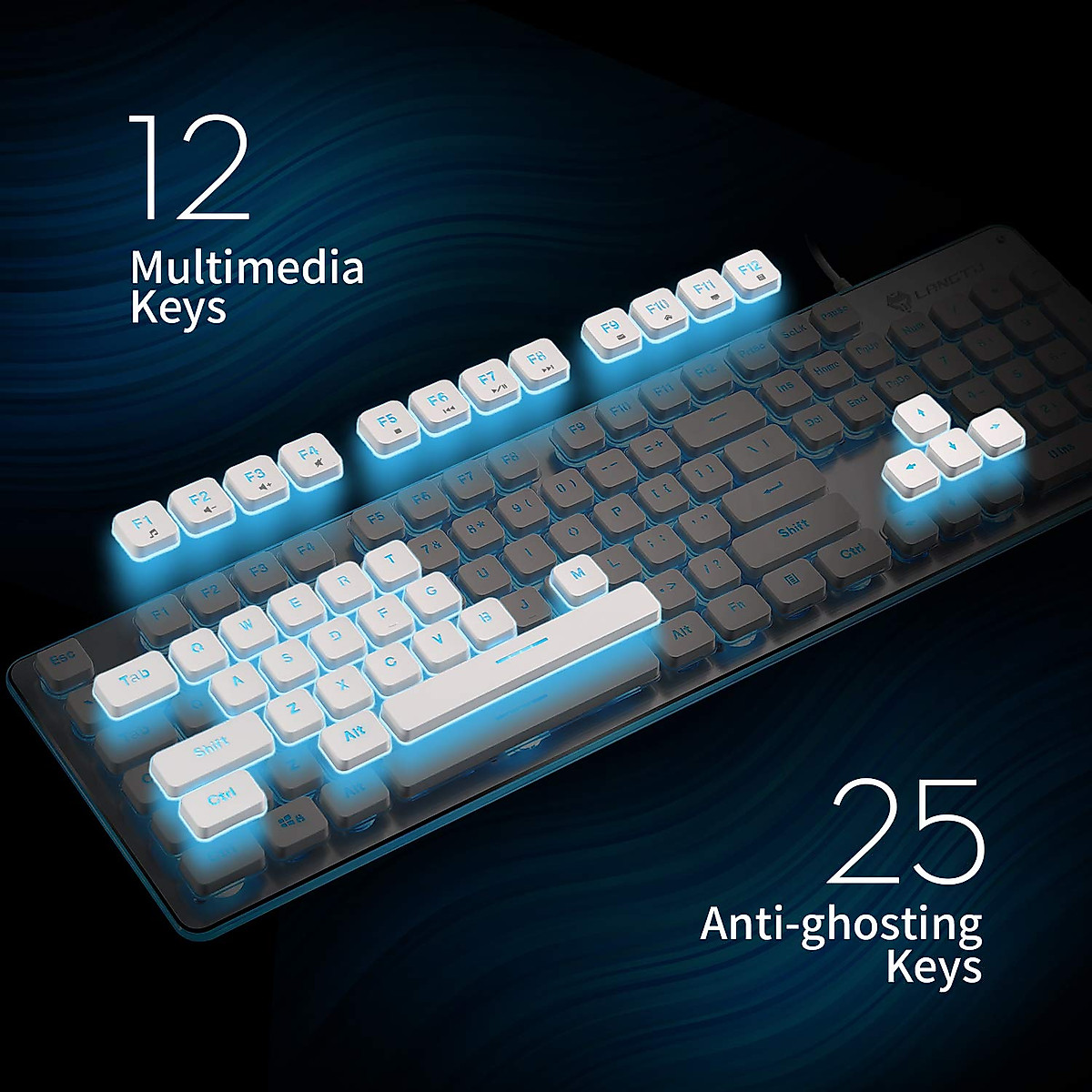 LANGTU LED Computer Keyboard, USB Wired Keyboard for Gaming and Office, All-Metal Panel 104 Keys Quiet Membrane Keyboard with Blue Backlit - L2 White/Silver
