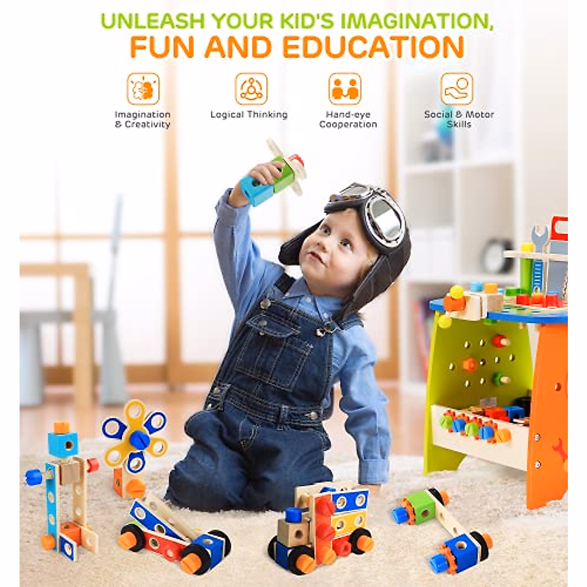 Ohuhu Tool Workench Toy Set, Kids Toy Play Workbench, Kids Wooden Tool Bench Workshop, Workbench with Tools Set (89 Piece Set), Wooden Construction Bench Toy for Boys Girls Age 3 4 5 6 7