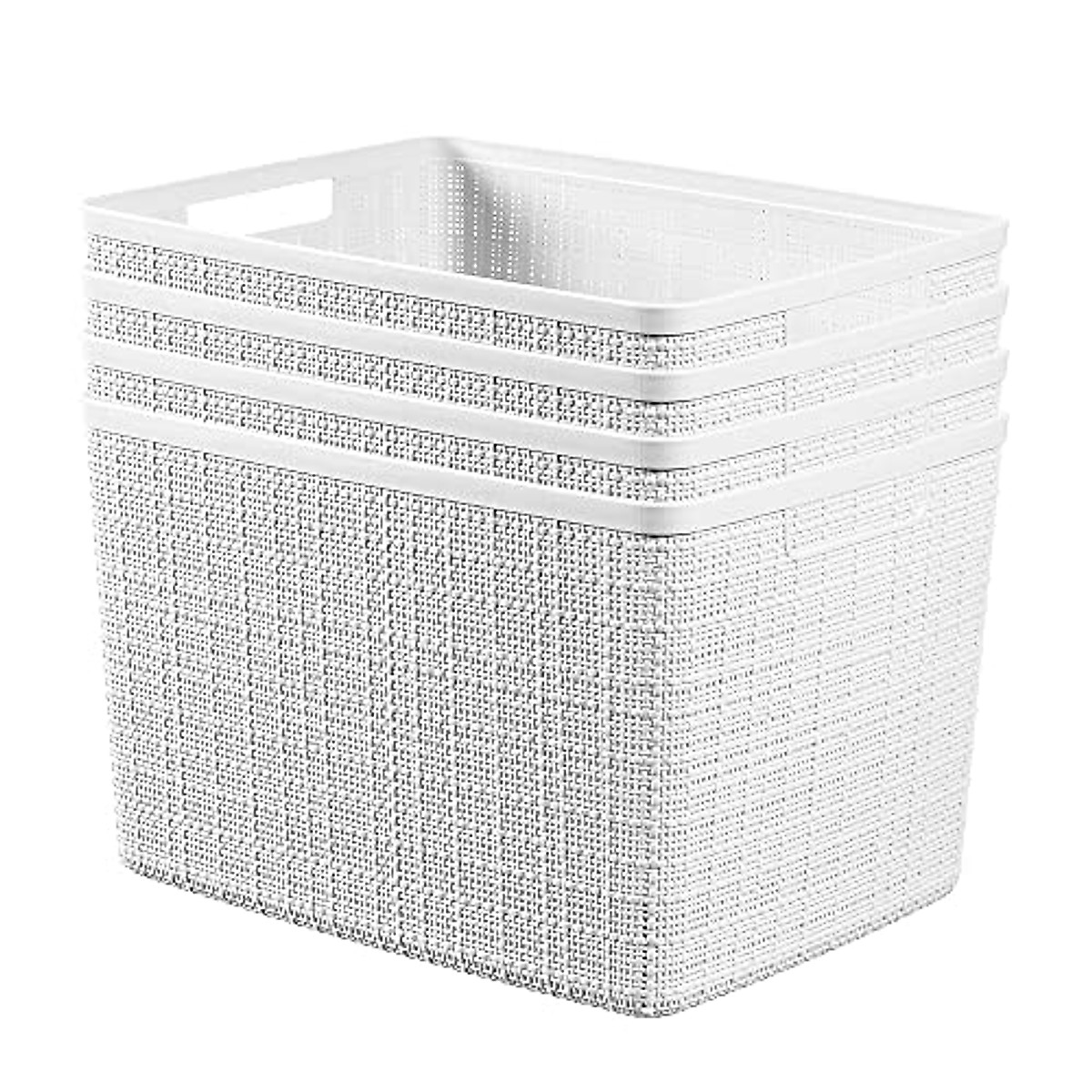 Curver Set of 4 Jute Large Decorative Plastic Organization and Storage Baskets Perfect Bins for Home Office, Closet Shelves, Kitchen Pantry and All Bedroom Essentials, White, 4