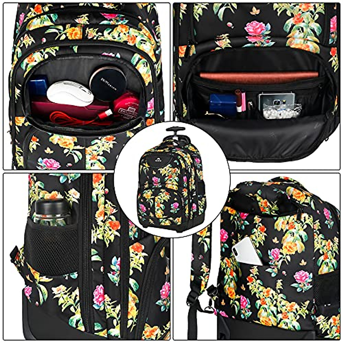 MATEIN Backpack with Wheels, Travel-friendly Rolling Laptop Backpack for Men Women, Freewheel Carry on Luggage Business bag, Compact College Trolley Suitcase Computer Bag fit 17 inch Notebook, Floral