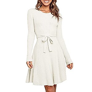 ANRABESS Womens Sweater Dress Long Sleeve A Line Crewneck Slim Fit Tie Waist Casual 2023 Fall Fashion Outfits Clothes Midi Swing Bodycon Ribbed Knit Mini Short Dress with Belt 669mibai-M White