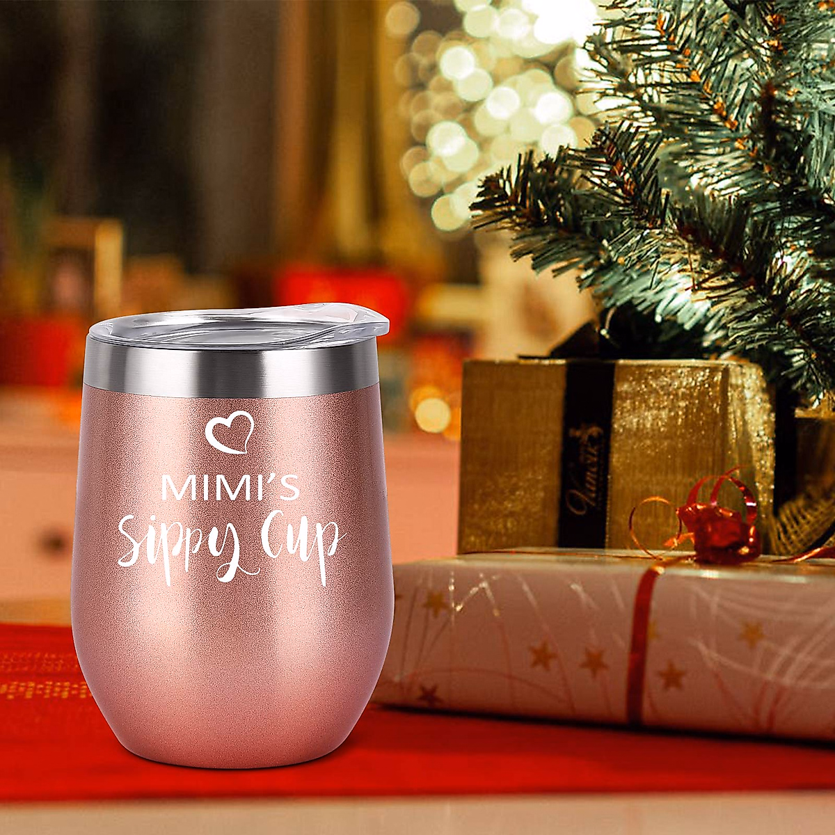 Mimi Gifts for Grandma, Mimi’s Sippy Cup Wine Tumbler with Lid and Straw, Funny Birthday Christmas Gifts for New Grandma, Mimi, Grandmother, Mom, 12 Oz Insulated Stainless Steel Tumbler, Rose Gold