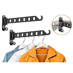 SKIKEN Wall Mounted Clothes Hanger with Swing Arm, Laundry Room Dryer Rack, Folding Valet Hook, Sturdy Hanging, Foldable 180°Rotation, Solid Aluminum (2-Pack, Black)