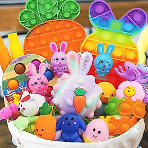 Easter Basket Stuffers - Premade Easter Baskets for Kids - 24 Pack Sensory Fidget Toys Set with Grass - Pop Gifts for Toddlers Teens Girls Boys